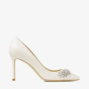 JIMMY CHOO Romy 85 Latte Nappa Leather Pointed-toe Pumps With Crystal Embellishment