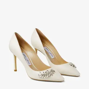 JIMMY CHOO Romy 85 Latte Nappa Leather Pointed-toe Pumps With Crystal Embellishment