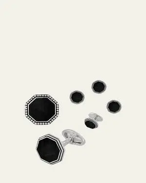 JAN LESLIE Beaded Octagonal Onyx Cufflinks Studs Set Silver