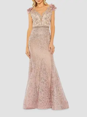Mac Duggal Beaded Lace Gown - Mocha