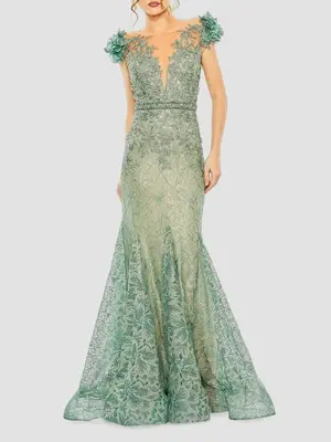 Mac Duggal Beaded Lace Gown - Sage