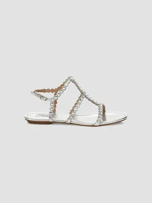 AQUAZZURA Tequila Crystal-embellished Metallic Leather Flat Sandals Silver