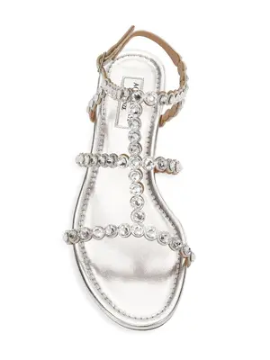 AQUAZZURA Tequila Crystal-embellished Metallic Leather Flat Sandals - Silver