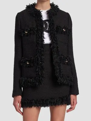 Dolce & Gabbana Boucle Knit Fringe Trim Jacket