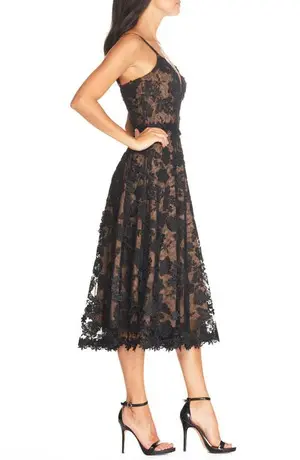 Dress The Population Tahani Floral Embroidered Fit & Flare Midi Dress - Black/nude