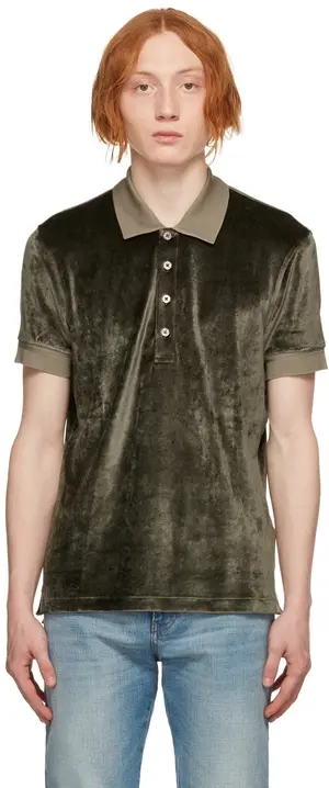 TOM FORD TOM FORD Khaki Liquid Velour Polo - V06 Dark Olive