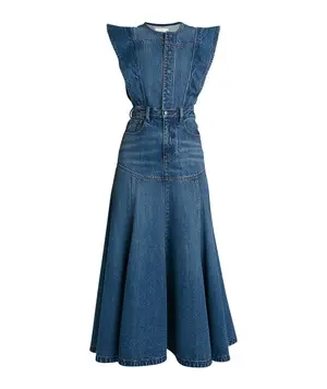 Chloé Denim Flared Basque Cap-Sleeve Midi Dress - Dusky Blue