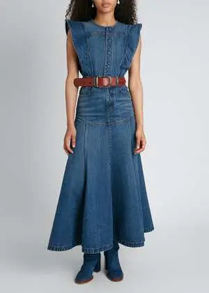 Chloé Denim Flared Basque Cap-sleeve Midi Dress