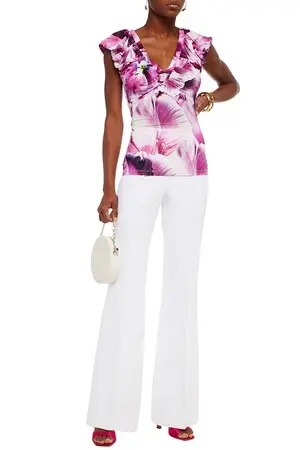 Roberto Cavalli Ruched Floral Print Stretch Jersey Top - Purple
