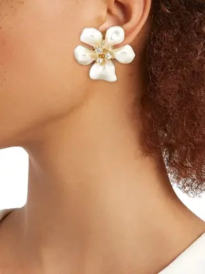KENNETH JAY LANE Faux Pearl & Crystal Flower Clip-on Earrings
