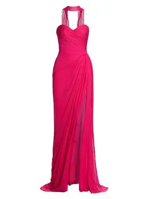 Monique Lhuillier Strapless Draped Chiffon Silk Scarf Gown - Fuchsia