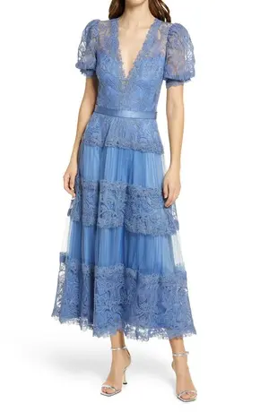 Tadashi Shoji Embroidered Lace Tiered Midi Dress - Powder Blue |  Editorialist