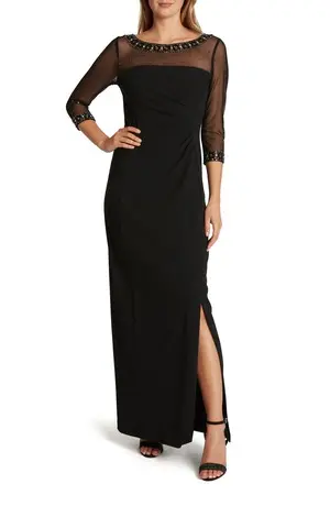 Tahari Stretch Crepe Illusion Sleeve Gown