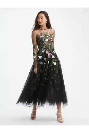 Oscar De La Renta Floral Threadwork Cocktail Dress