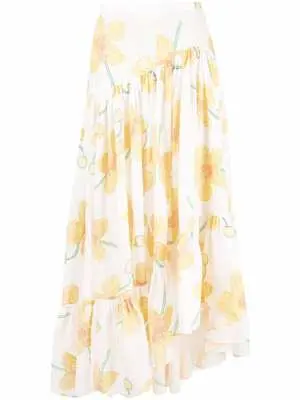 Marni Poppy Print Ruffled Midi Skirt - White