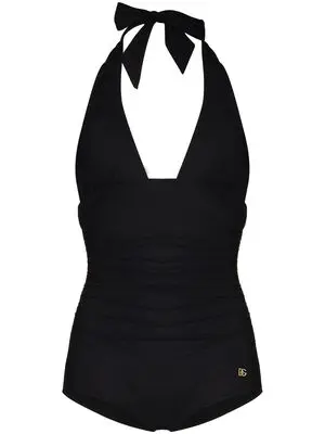 Dolce & Gabbana Logo Plaque Halterneck Swimsuit - Black