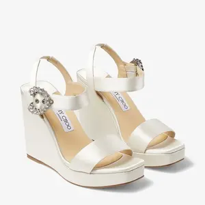 JIMMY CHOO Mirabelle 110 Ivory Satin Wedges With Crystal Buckle Multicolor
