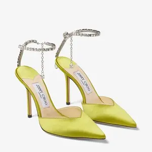 JIMMY CHOO Saeda 100 Lime Satin Pumps With Crystal Embellishment