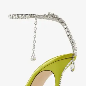 JIMMY CHOO Saeda 100 Lime Satin Pumps With Crystal Embellishment