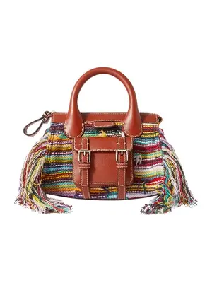 Chloé Edith Mini Leather-trimmed Fringed Striped Recycled Cashmere And Wool-blend Tote