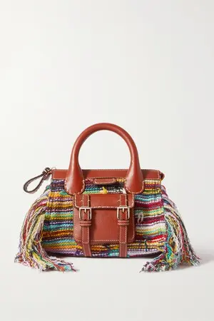 Chloé Edith Mini Leather-trimmed Fringed Striped Recycled Cashmere And Wool-blend Tote