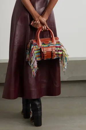 Chloé Edith Mini Leather-trimmed Fringed Striped Recycled Cashmere And Wool-blend Tote