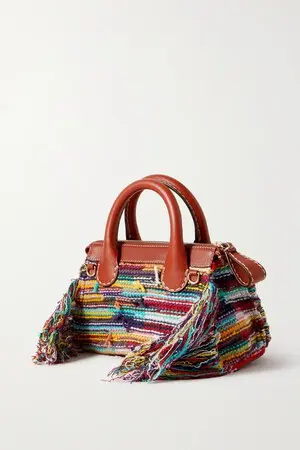 Chloé Edith Mini Leather-trimmed Fringed Striped Recycled Cashmere And Wool-blend Tote