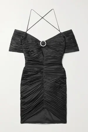 RASARIO Embellished Ruched Satin Mini Dress