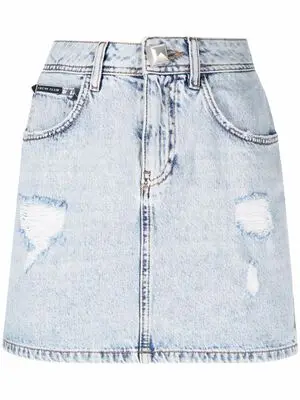 Philipp Plein Stud-detailed Distressed Mini Denim Skirt