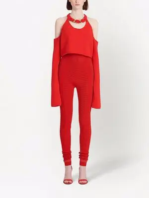 Balmain High-waisted Sheer Knitted Leggings - Red