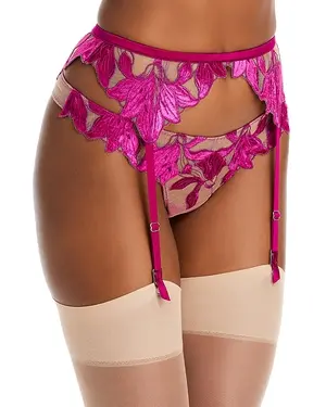 FLEUR DU MAL Velvet Lily Embroidered Garter Belt Magenta