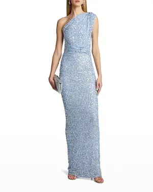 Rachel Gilbert Embellished One-shoulder Gown - Blue