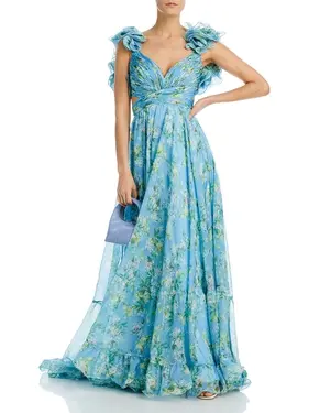 Mac Duggal Floral Cut-out Chiffon Gown - Blue Multi