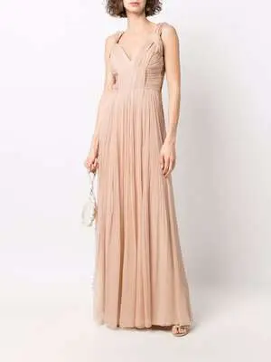 Alberta Ferretti Sleeveless Gathered V-neck Evening Dress
