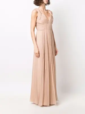 Alberta Ferretti Sleeveless Gathered V-neck Evening Dress