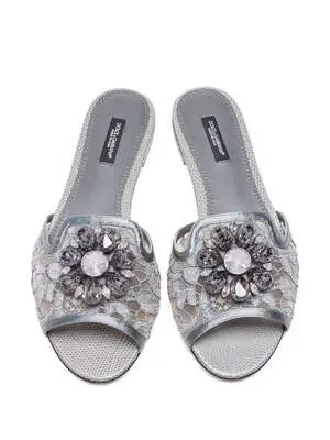 Dolce & Gabbana Bianca Crystal-embellished Lace Slides - Grey