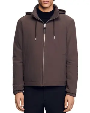Sandro Hooded Zip-front Tech Jacket - Chocolate