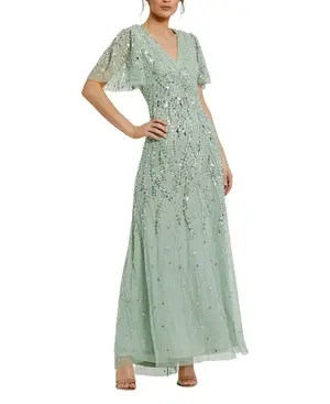 Mac Duggal Embellished Flutter Sleeve Gown - Sage
