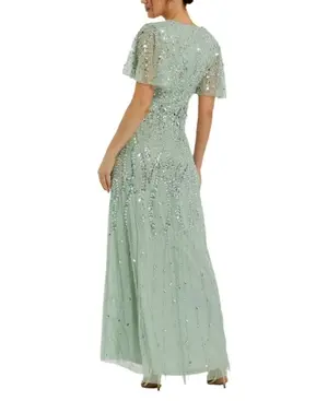 Mac Duggal Embellished Flutter Sleeve Gown - Sage