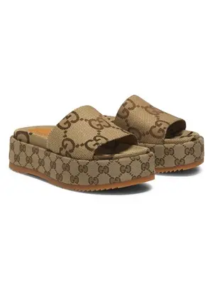 Gucci Angelina Maxi Gg Slide Sandals - Camel Ebony