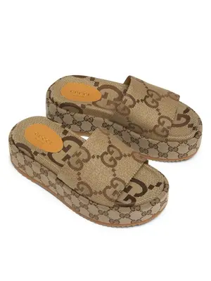 Gucci Angelina Maxi Gg Slide Sandals - Camel Ebony