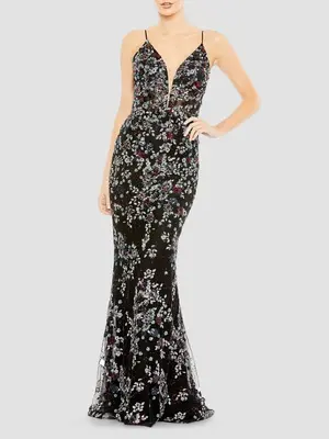 Mac Duggal Floral Embellished Mermaid Gown - Black