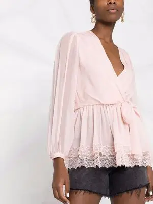 Alberta Ferretti Silk Wrap Blouse With Lace Trim