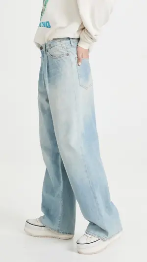 R13 Damon Pleated Wide Leg Jeans - Lennon Blue