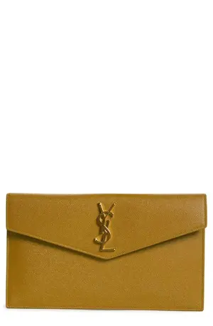 Saint Laurent Uptown Calfskin Leather Envelope Clutch Olive Drab