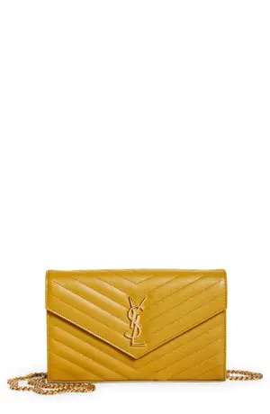 Saint Laurent Cassandre Matelassé Leather Wallet On A Chain Chartreuse