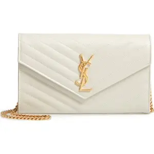 Saint Laurent Cassandre Matelassé Leather Wallet On A Chain Cremasoft