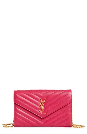 Saint Laurent Cassandre Matelassé Leather Wallet On A Chain Fuxia Couture