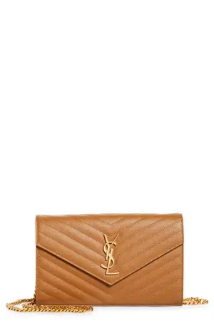 Saint Laurent Cassandre Matelassé Leather Wallet On A Chain Natural Dark