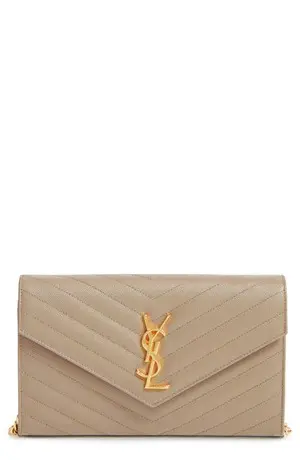 Saint Laurent Cassandre Matelassé Leather Wallet On A Chain Sea Salt